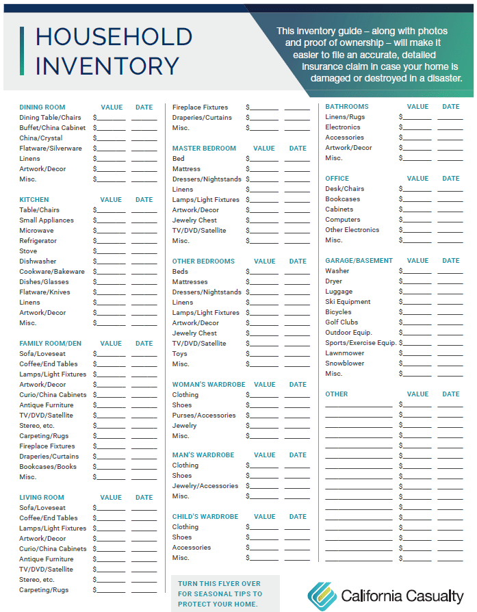 Printable Home Contents Inventory List Template Printable Templates